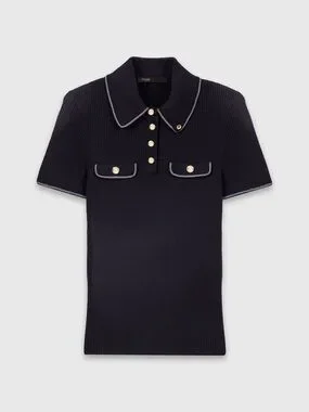 Maje | Other | Maje Navy Ribbed Knit Polo Top Gold Buttons Contrast ...